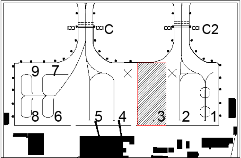 7 3 號停機位及其後方停機位滑行路徑。